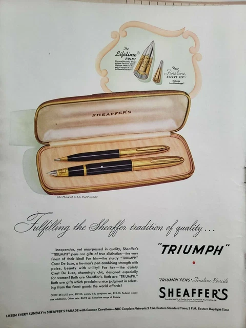 VINTAGE SHEAFFER TRIUMPH Pen 1946 Print Ad Ephemera Art Decor $17.99 ...