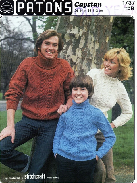 ~VINTAGE 1980 PATONS Knitting Pattern For Family Sizes Cable & Bobble ...