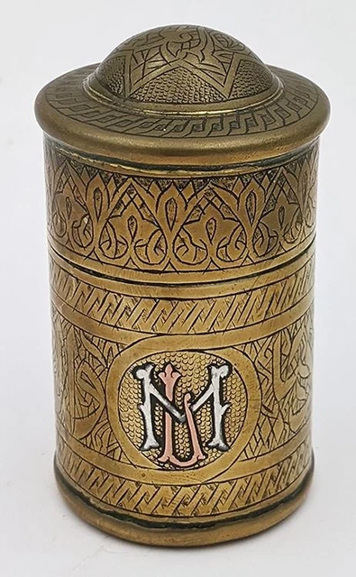 CAIROWARE ISLAMIC SILVER INLAY MONOGRAM BRASS CYLINDRICAL BOX c1920 £45 ...