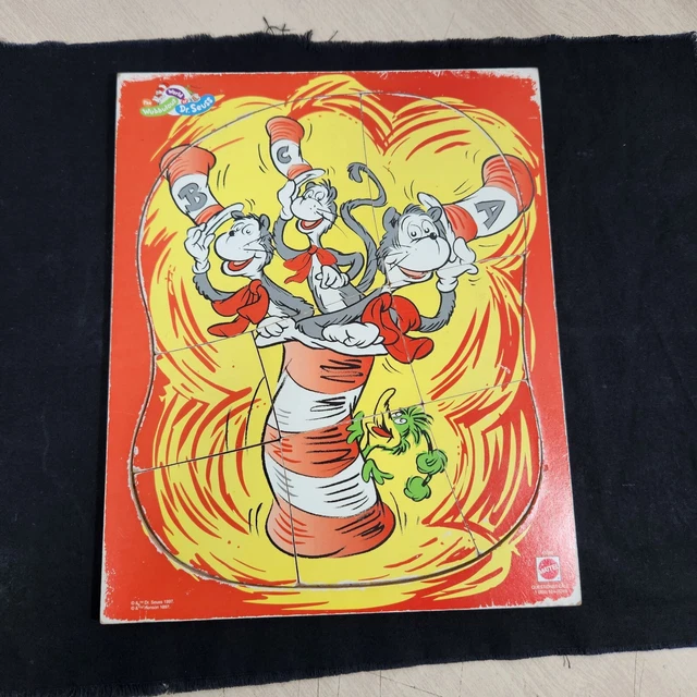 2 VINTAGE WOOD Childrens Puzzles Dr. Seuss Cat in The Hat & Hunchback ...
