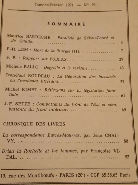 DÉFENSE DE L'OCCIDENT n°94, janv-fév 1971, Michèle RALLO, Degrelle et ...