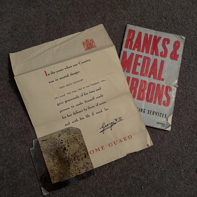 THE HOME GUARD Certificate WW2 Ranks & Medal Ribbons With Micro Film Of ...