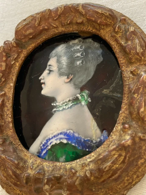 RARE ÉMAIL MINIATURE 18ème portrait de femme cadre 18thC enamel woman ...