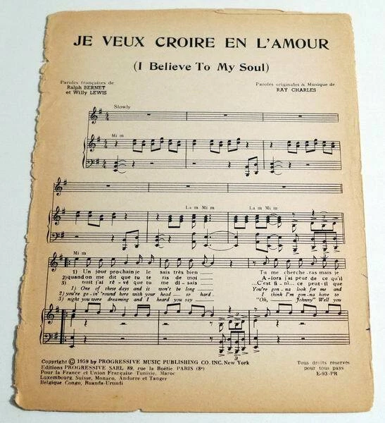 PARTITION VINTAGE SHEET music RAY CHARLES : I Believe to my Soul * 50's EUR 6,49 - PicClick IT