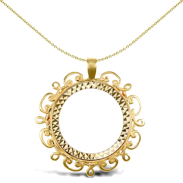 9CT GOLD MERSHAM Jewels Scroll Frame Full Sovereign Coin Mount Pendant ...