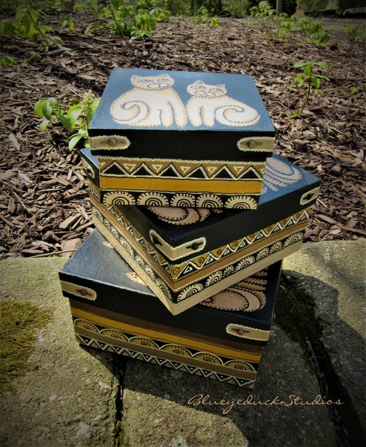 PRIMITIVE FOLK ART cats original painting stacking Paper Mache box ...