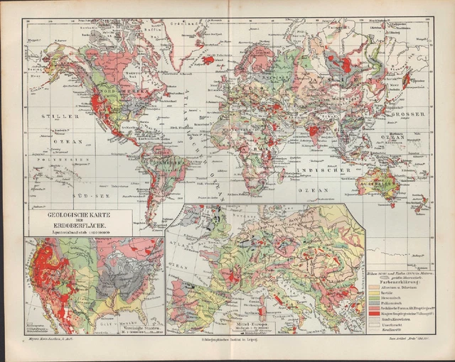 MAP MAP 1910: GEOLOGICAL MAP OF THE EARTH'S SURFACE. Central Europe U.S ...