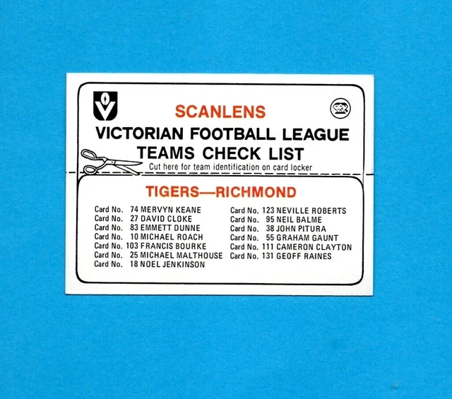 SCANLENS 1978 VFL/AFL FOOTBALL CARD # Richmond CHECKLIST - MINT ...