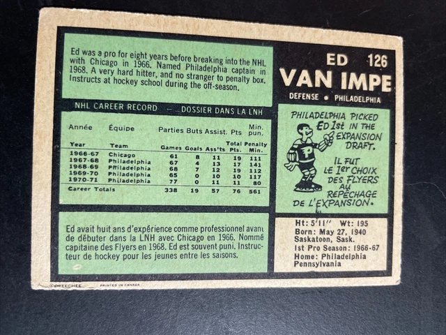 1971-72 O-PEE-CHEE HOCKEY Set Break #126 Ed Van Impe Flyers - Ex 👀 $2. ...