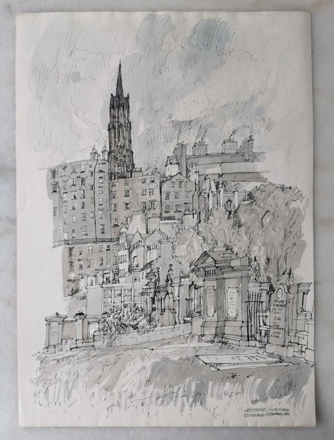 ORIGINAL TINTENZEICHNUNG BRIAN Edwards b1944 Greyfriars Churchyard ...