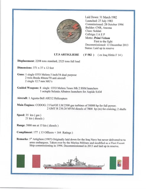 MARINA MILITARE ITALIAN Frigate Artigliere F582 Photo With Bonus Stats ...