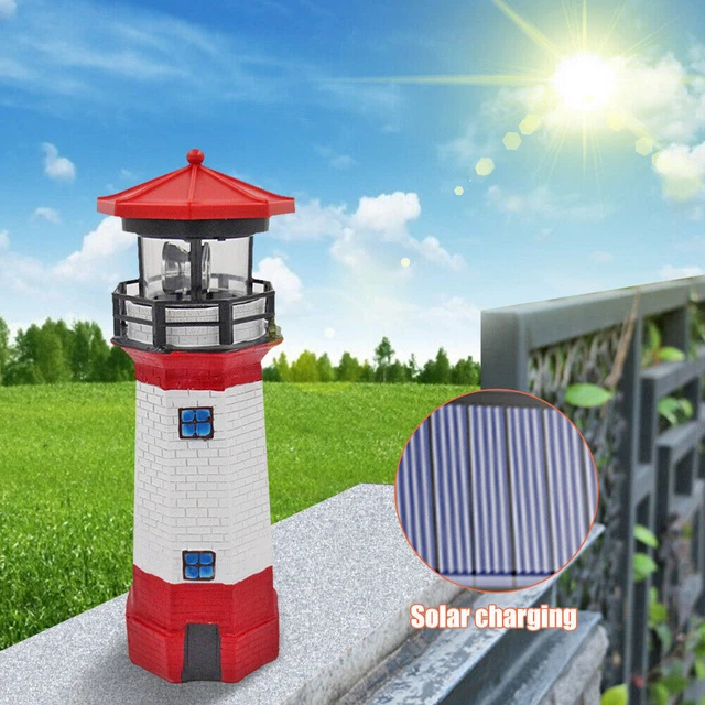 SOLAR POWERED LIGHTHOUSE 360° LED Beacon Rotating Outdoor Garden Light ...