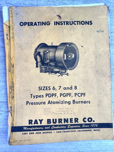 1970'S OPERATION MANUAL Diagrams Ray Burner Co Pressure Atomizing ...