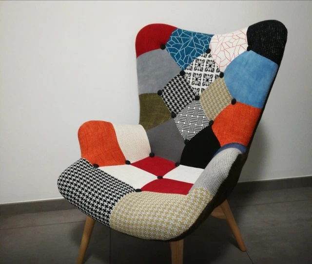 FAUTEUIL CHAISE TISSU Patchwork Coloré Relax Vintage Jambes Bois Design EUR 589,51 - PicClick FR