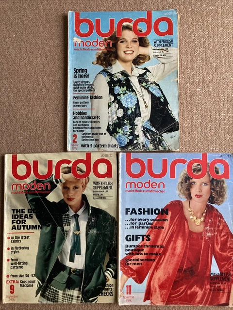 3 VINTAGE BURDA MODEN Magazines for year 1978, with complete patterns in English £19.44 ...