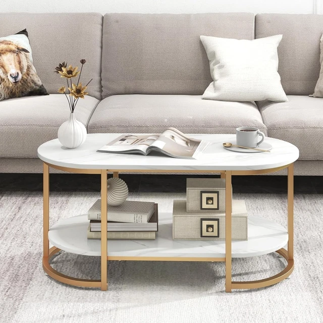 WHITE MARBLE COFFEE Table - Modern 2-Tier Center Table w/Open Storage ...
