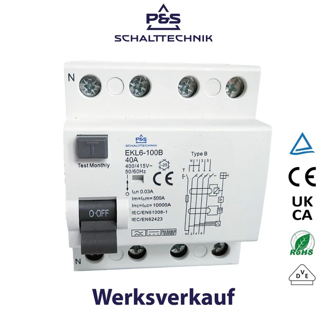 FI FEHLERSTROMSCHUTZSCHALTER RCD Typ B Wallbox E-Auto Allstromsensitiv ...