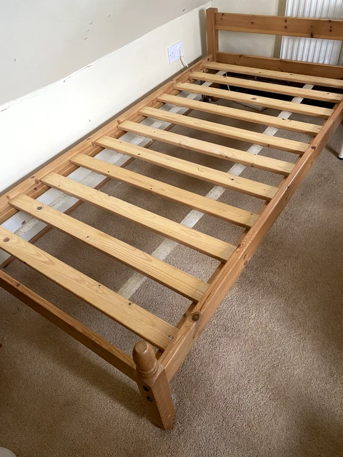 WOODEN PINE SINGLE bed with Ikea 'Hovag' mattress - sturdy frame , slatted base £99.00 - PicClick UK