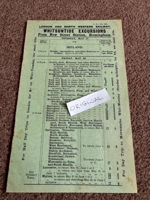 LONDON & NORTH Western Railway "Whitsuntide Excursions" Timetable 1909 ...