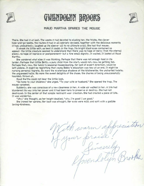 AFRICAN AMERICAN FIRST Pulitzer Typed Poem Signed Gwendolyn Brooks ...