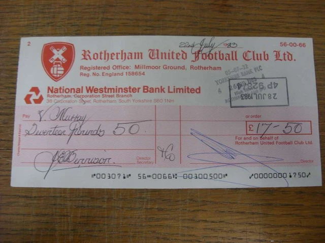 22/07/1983 ROTHERHAM UNITED: Official Used Bank Cheque - Vera Murray ...