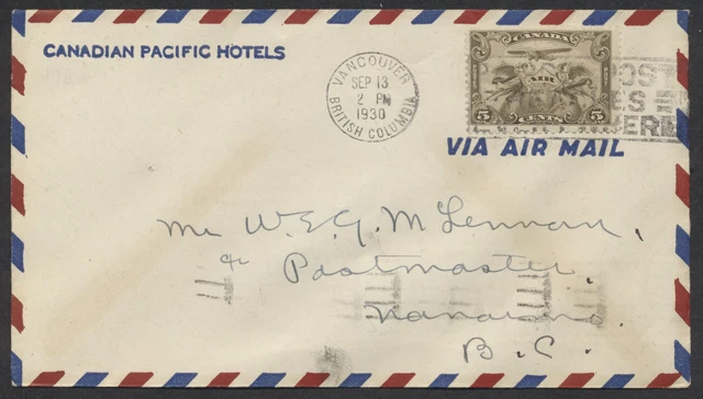 1930 FLIGHT VANCOUVER BC to Nanaimo Canadian Pacific Hotels Cover ...