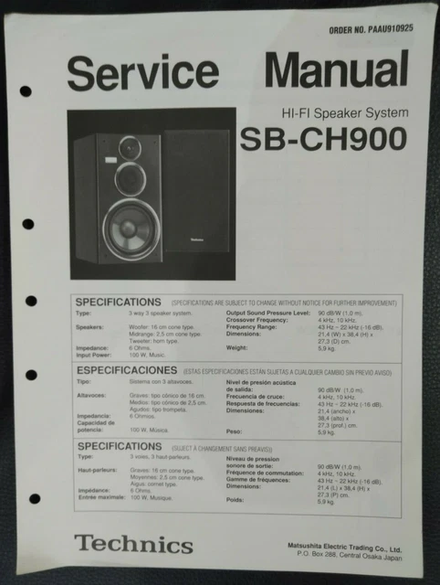TECHNICS SB-CH900 SERVICE Manual Hifi Loud Speakers System PAAU910925 ...