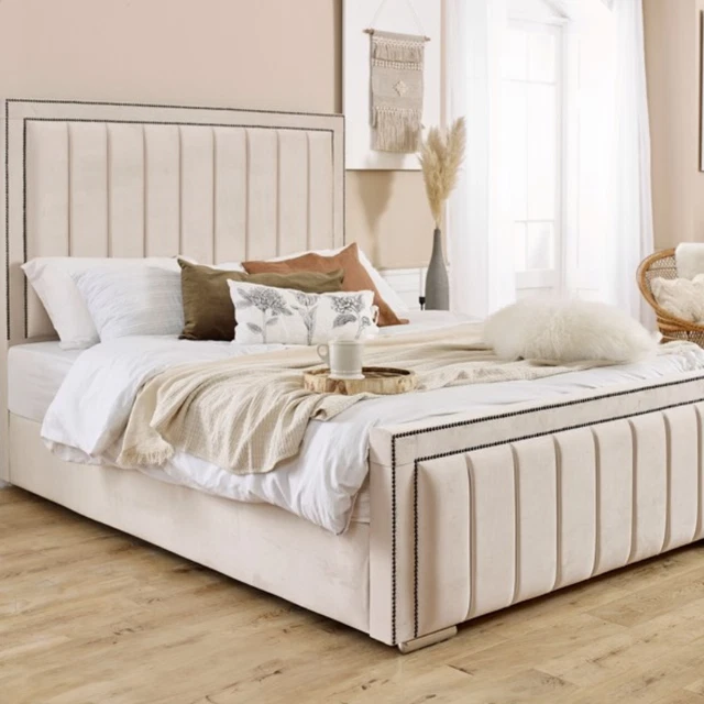 PANEL BED FRAME Plush Velvet Upholstered Ottoman Gas Lift Storage ...