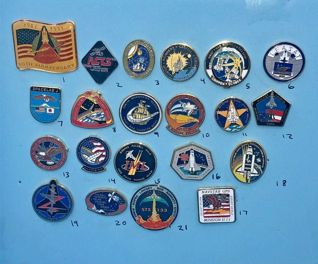 NASA ENAMEL PIN lot of 21 vtg Space Shuttle ENDEAVOR Discovery COLUMBIA ...
