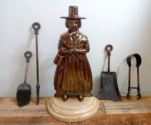 ART DECO FIRESIDE Companion Set 1930s Cast Iron Lustre Vitreous Enamel ...