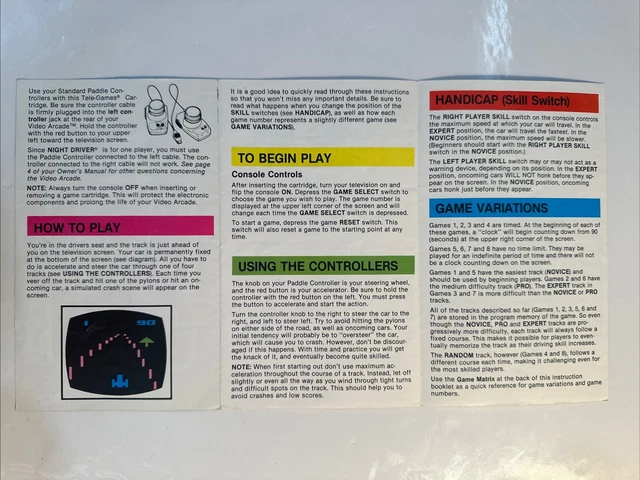 8 TELE-GAMES NIGHT Driver Atari 2600 Manual Only Authentic $19.99 ...