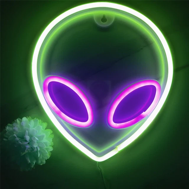 NEON ALIEN HEAD Sign,1Pc Green and Purple Alien Neon Light USB or 3-AA ...