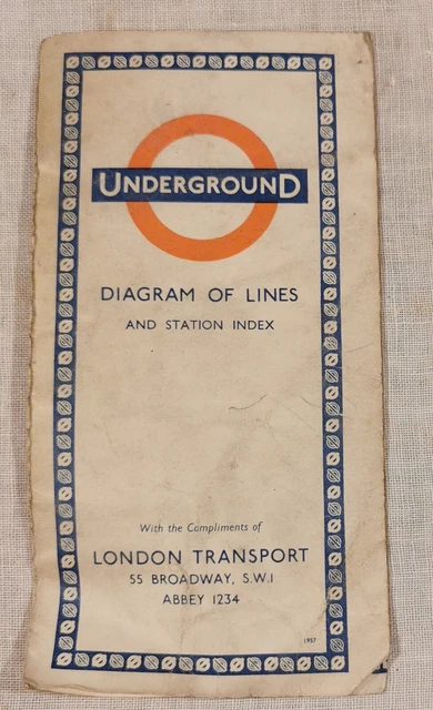 1957, LONDON UNDERGROUND TUBE MAP - Diagram of Lines and Station Index ...