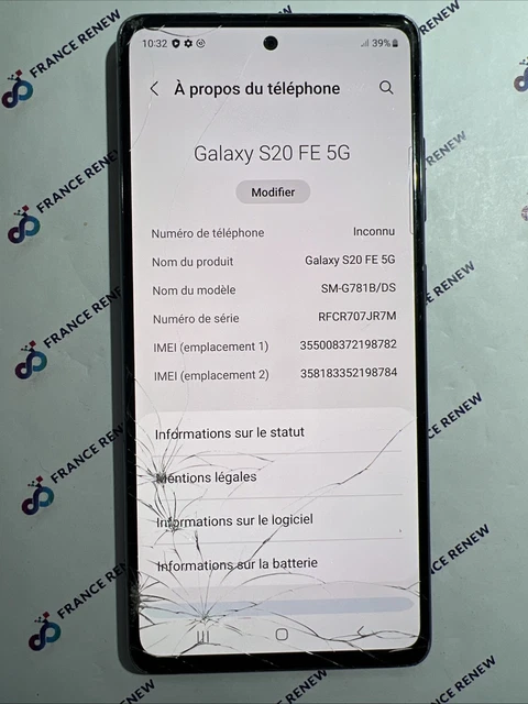 SMARTPHONE SAMSUNG GALAXY S20 FE 5G SM-G781B/DS 128 Go VITRE ECRAN FISSURÉE EUR 60,00 - PicClick FR