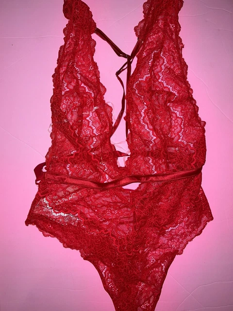Victorias Secret 36c Bra Set M Panty Teddy Garter Corset Red Lace