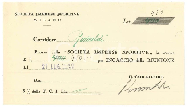 1940 CICLISMO MILANO Ricevuta Pietro RIMOLDI ingaggio VIGORELLI ...