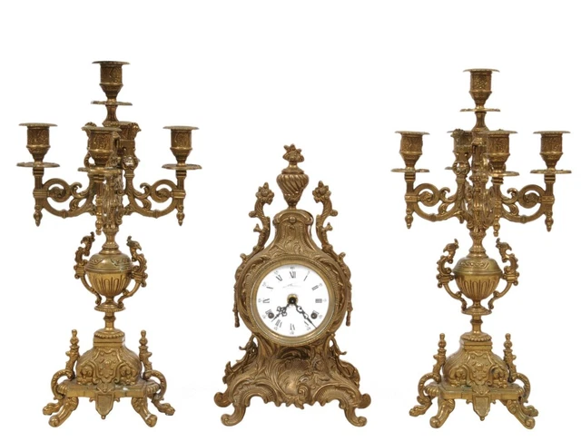LANCINI FRANZ HERMLE FHS 130-070 Mantel Clock Set 3PC Italian Brass ...