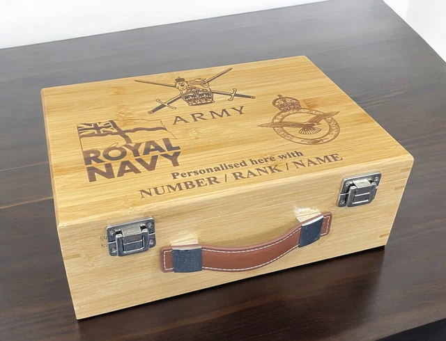 BRITISH ARMED FORCES Engraved Wooden Parade/Memorabilia Box, Army, Navy ...