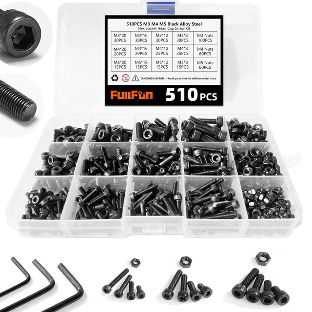 510PCS M3 M4 M5 Hex Socket Head Cap Screw Bolts Nuts Assortment Kit, 12 ...