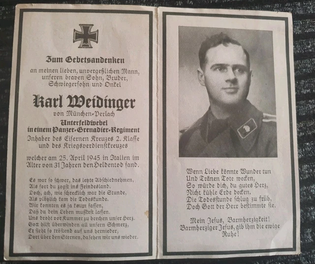 ORIGINAL GERMAN WW2 death Card Karl Weidinger Panzer Rgt 25apr1945 ...