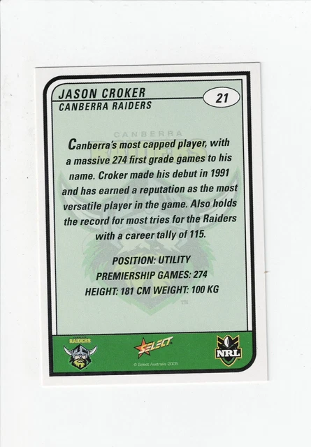 2005 SELECT NRL Tradition Rugby League Jason Croker #21 (Canberra ...