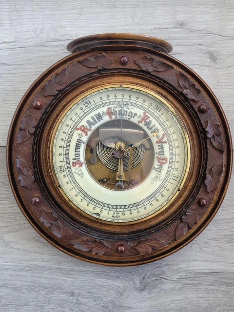 ANTIQUE ROUND WALL Barometer Turned & Carved Wood Surround £70.00 ...