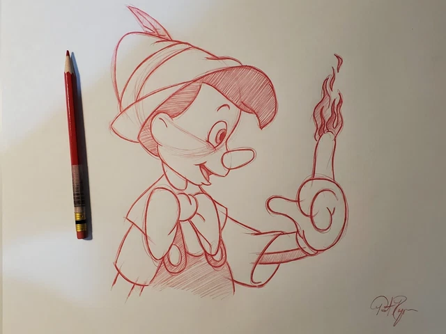 DISNEY PINOCCHIO PLAYING with fire Drawing/sketch animation signed £26. ...