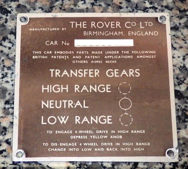 LAND ROVER SERIES 1 2 Bulkhead Chassis Information Vintage Bronze Plate ...