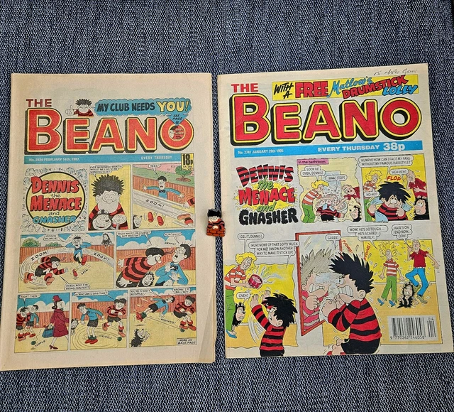 2 VINTAGE BEANO Comics 1987 & 1995 With a Metal Denis The Menace Badge ...