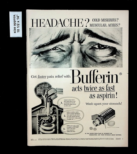 1955 BUFFERIN ANTACID Pain Relief Aspirin Headache Cold Vintage Print ...