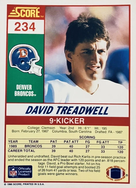 CARTE À COLLECTIONNER vintage 1990 SCORE David Treadwell Denver Broncos ...