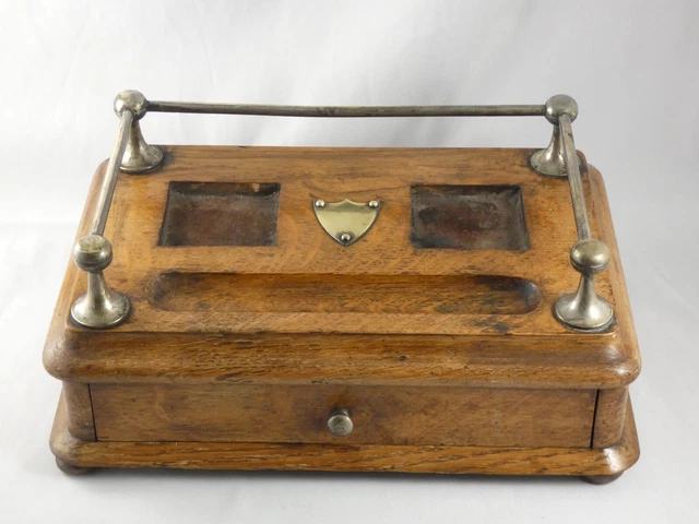 ANTIQUE OAK & Brass Ink Desk Stand Victorian Edwardian with Drawer £35. ...