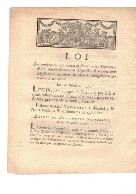 ** RARE DOCUMENT de 1790, Louis XVI, Loi sur la situation des Tribunaux ...