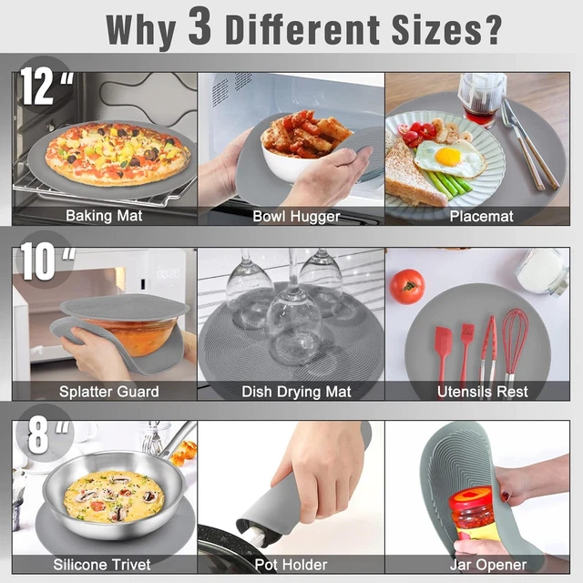 KOOMALL 12 10 8 Inch Multi-use Microwave Mat, Trivet, Pot 12+10+8 Gray ...